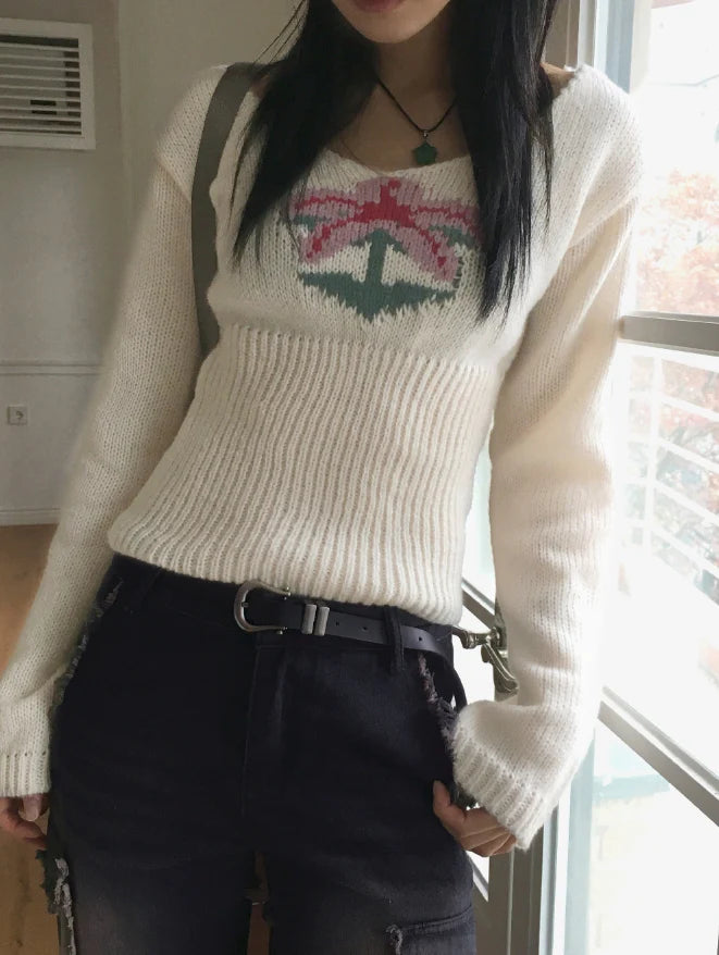 Off The Shoulder Flower Knit Top – FOGSTORES